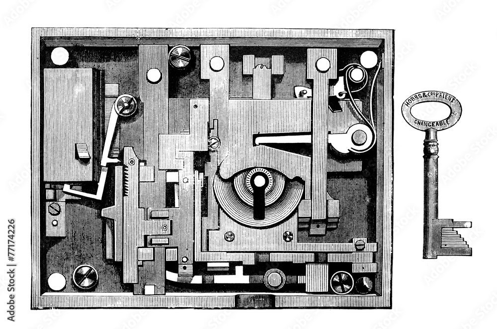 19th century diagram of a complex lock and key Stock Illustration ...