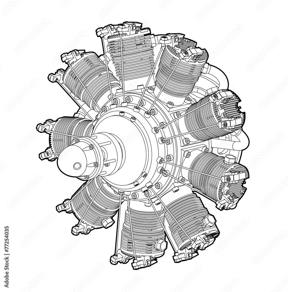Radial cylinder engine. Vector illustration isolated on white ...