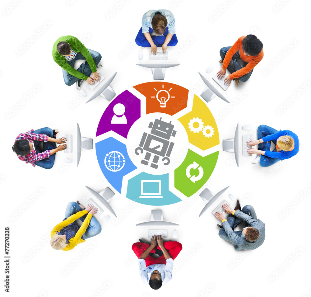 Foto Stock People Circle Using Computer Robot Symbol Concept | Adobe Stock