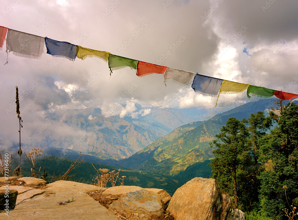 Lungta Buddhist flags and Valley in Himalayas mountains Stock Photo ...