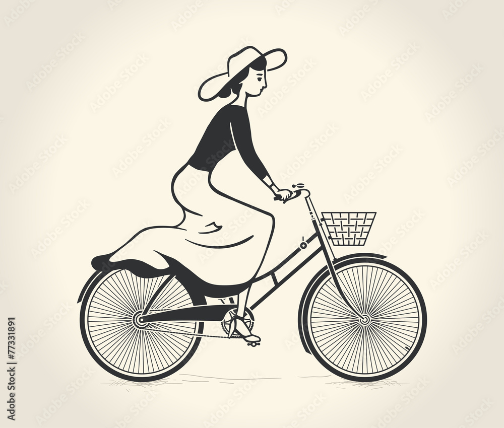 Vector illustration of lady ride a vintage bicycle Stock Vector | Adobe ...