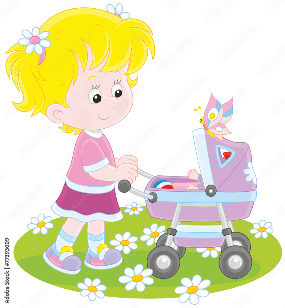 Girl with a toy baby buggy Stock Vector | Adobe Stock