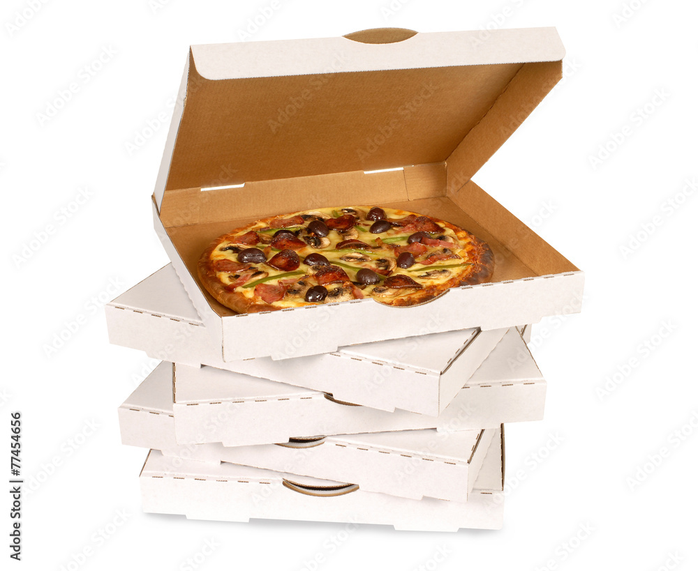 Freshly baked pepperoni Pizza with stack of delivery boxes open top ...