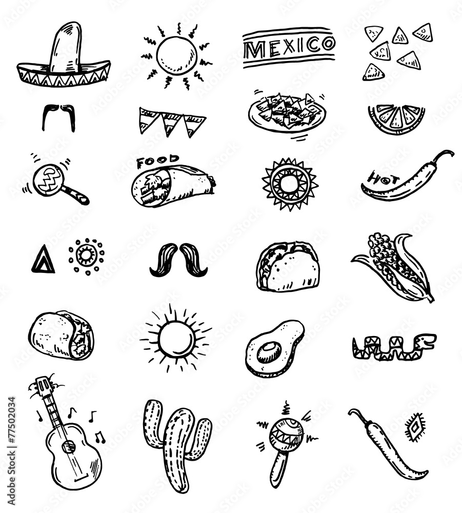 Hand drawn doodle mexican icons set Stock Vector | Adobe Stock