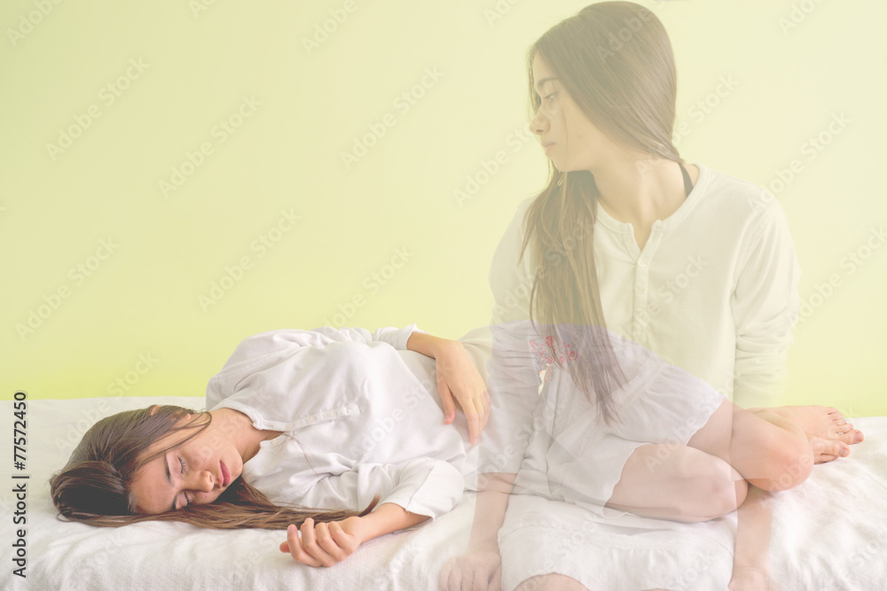 Young girl is waking up again. When the soul leaves the body Stock-Foto ...