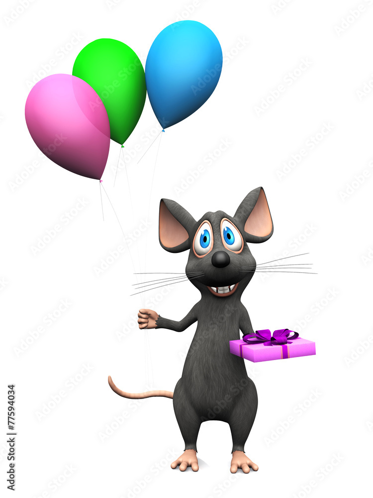 Smiling cartoon mouse holding balloons and a gift. Stock Illustration ...