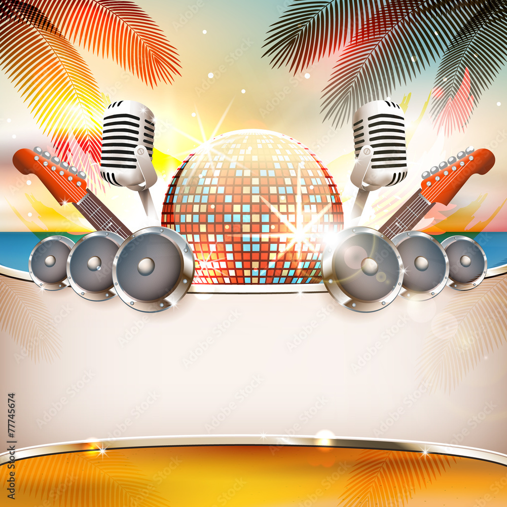 Summer music background with disco ball, speakers, guitar Stock Vector ...
