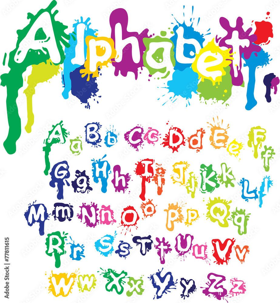 Hand drawn alphabet - letters are made of water colors, ink spl Stock ...