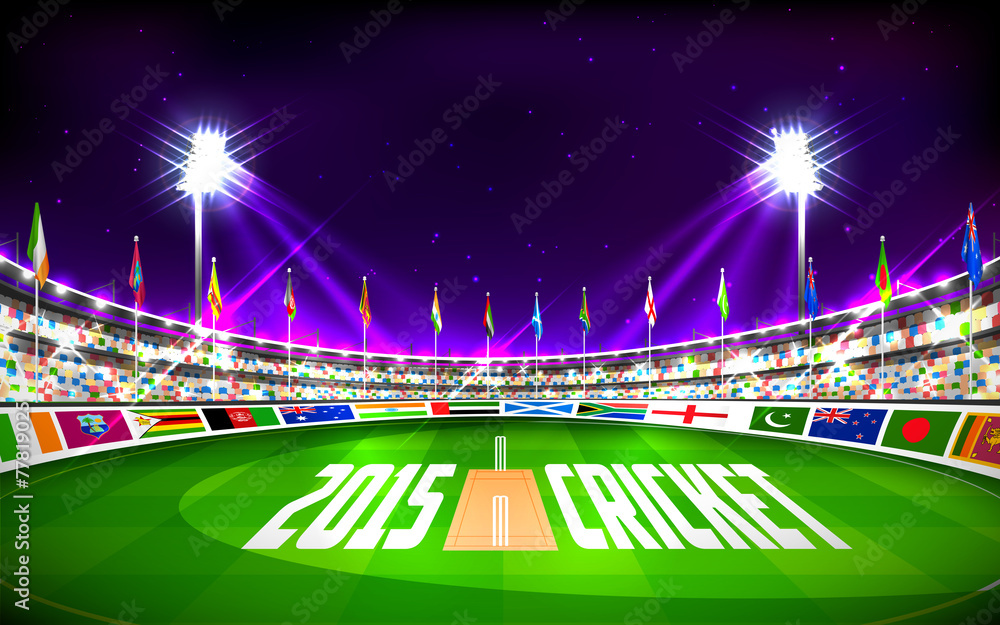 Stadium of cricket showing flags of participating countries Stock ...
