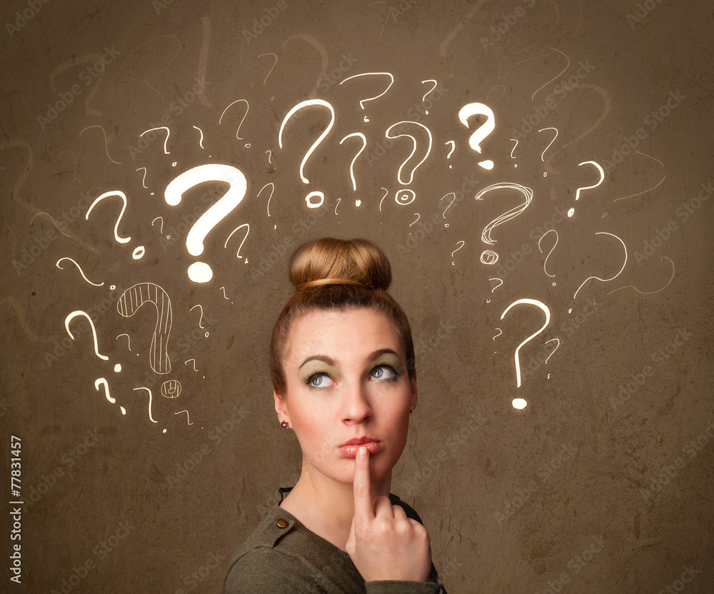 girl with question mark symbols around her head Stock Photo | Adobe Stock
