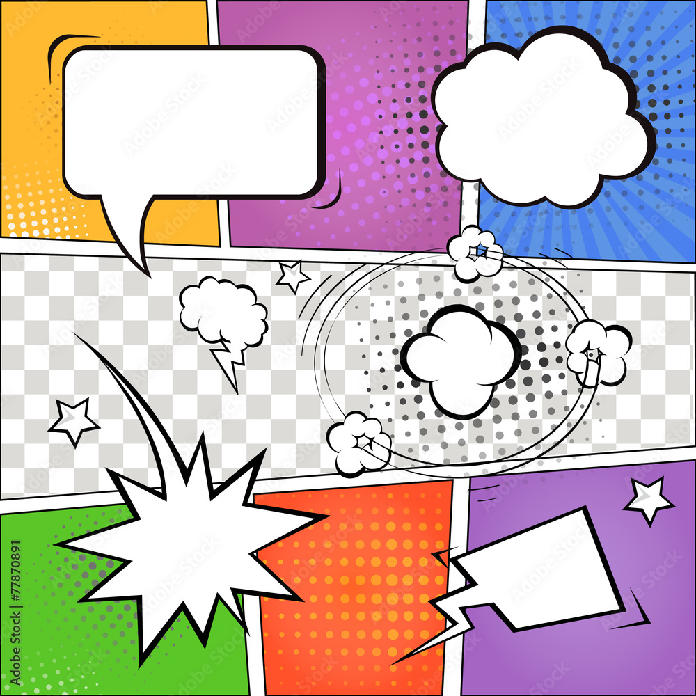 Comic speech bubbles and comic strip on colorful halftone Stock Vector ...