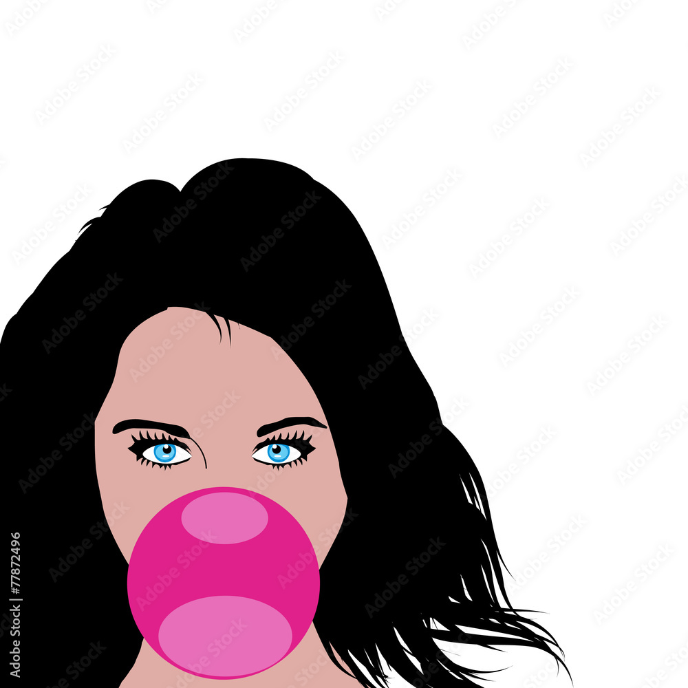 Mujer mascando chicle sobre fondo blanco ilustración de Stock | Adobe Stock