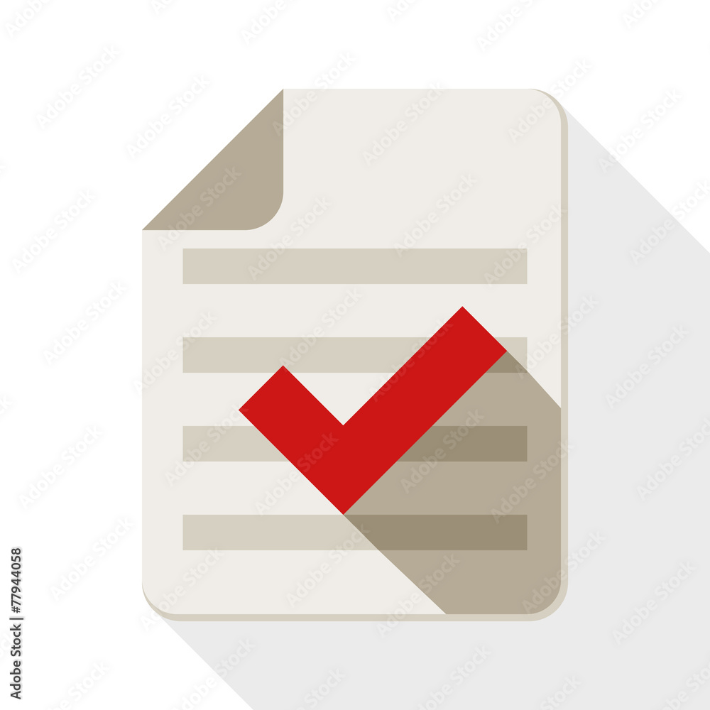 Document and check mark icon with long shadow on white backgroun Stock ...