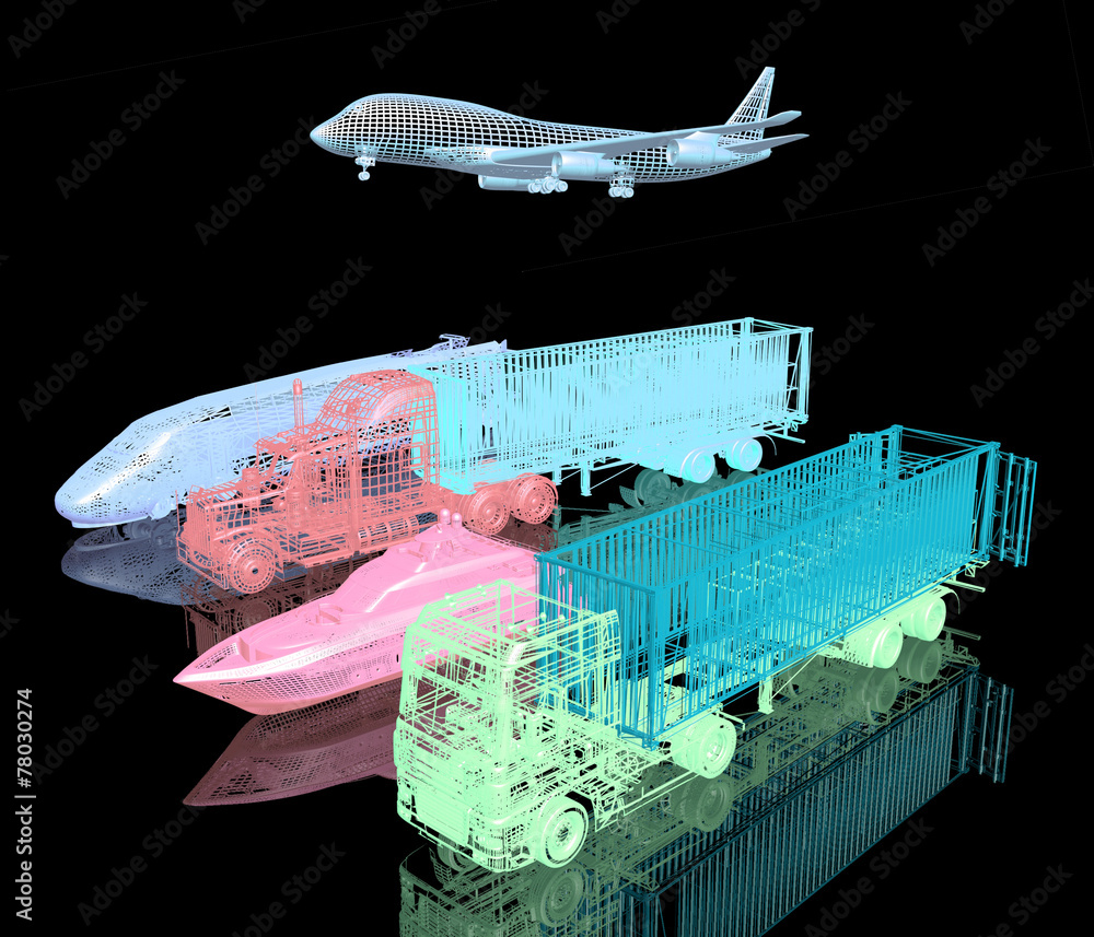 Types of transport. 3d model on black background Stock Illustration ...
