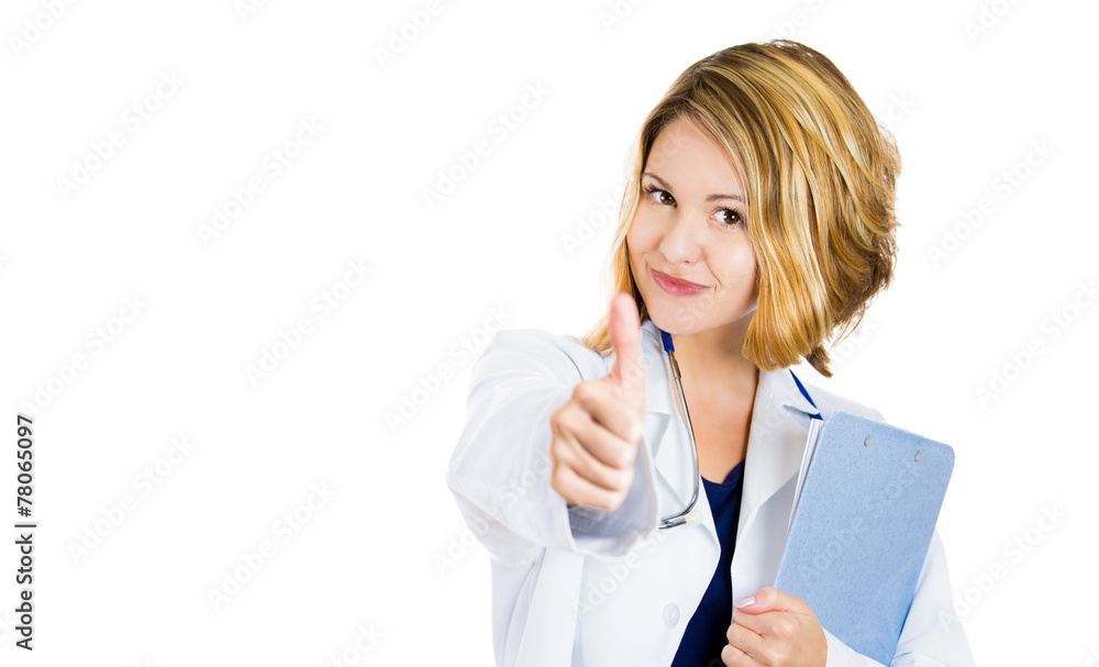 Happy confident female doctor showing thumbs up sign Stock Photo ...