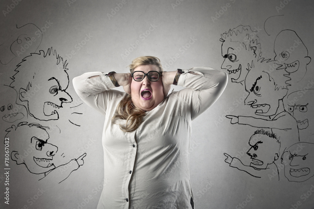 Men pointing at a chubby woman Stock Photo | Adobe Stock