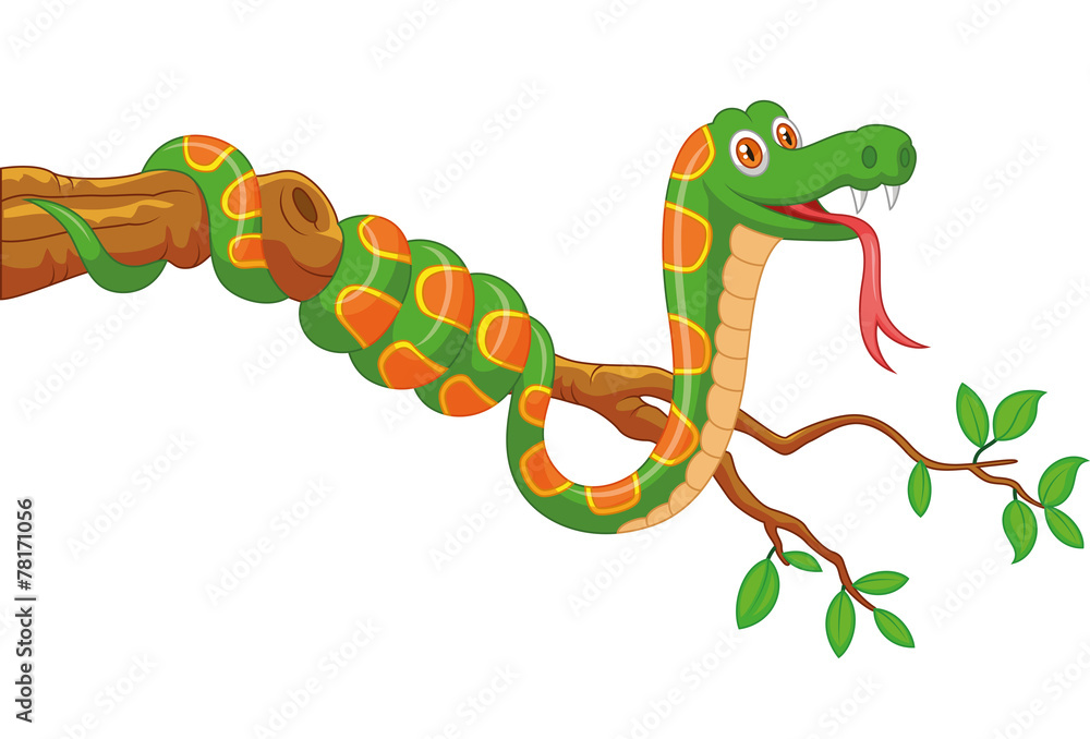 Cartoon green snake on branch Stock Vector | Adobe Stock