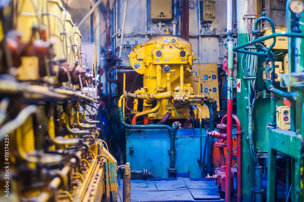 Engine room on a cargo boat ship, engine room on an oil platform Stock ...