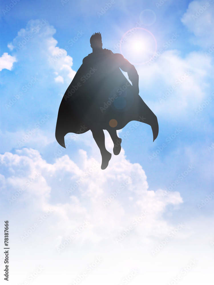 Silhouette of a superhero figure flying on clouds Stock Illustration ...