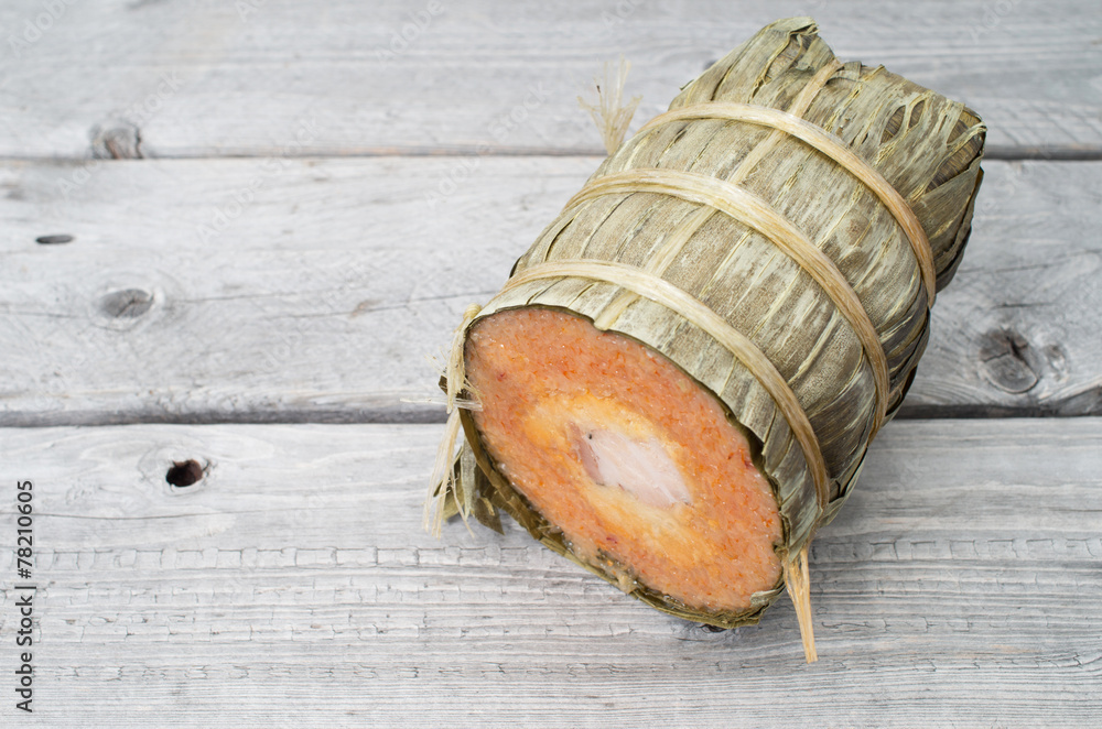 Vietnamese conical sticky rice cake stuffed with pork belly on w Stock ...