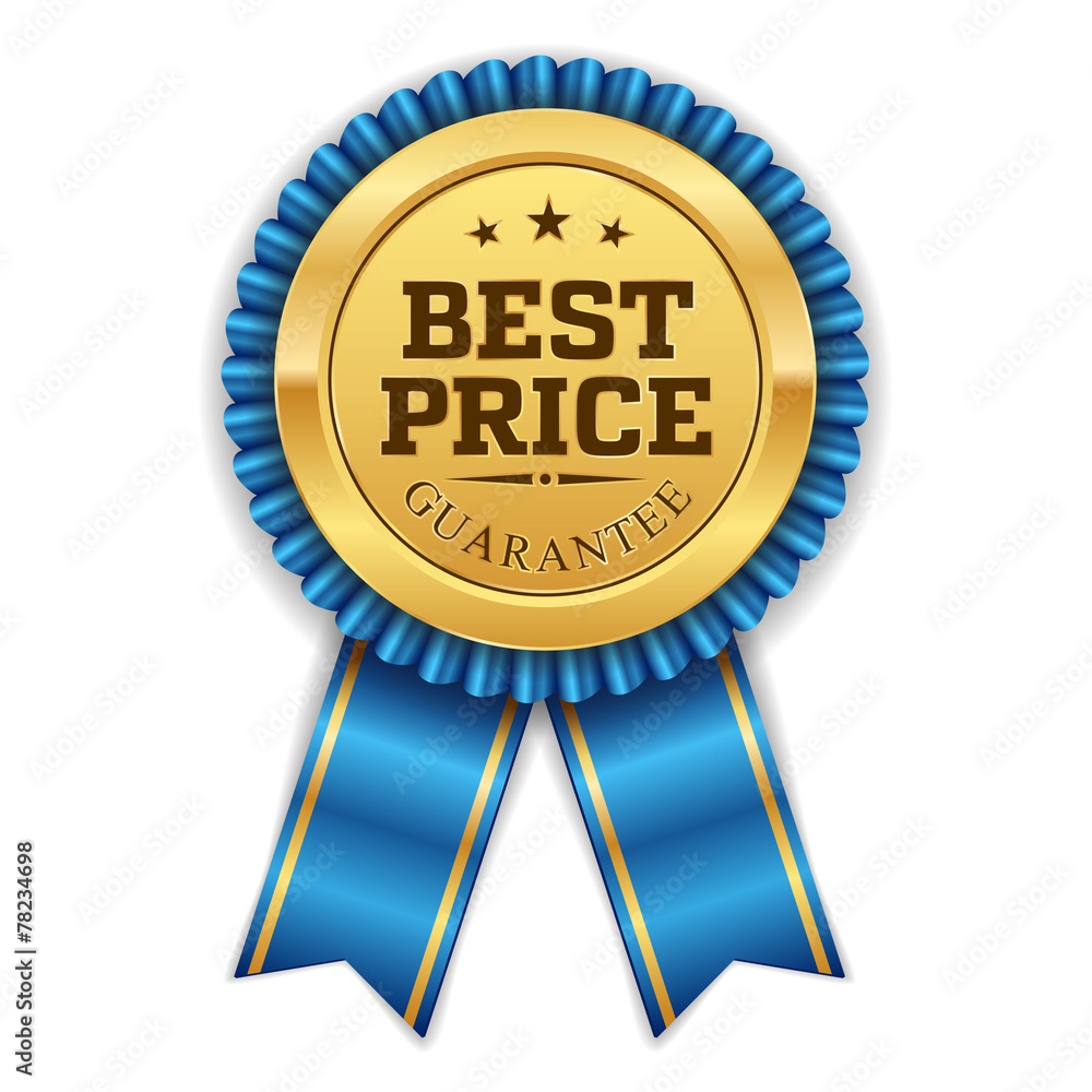 Gold best price badge with blue ribbon on white background Stock Vector ...