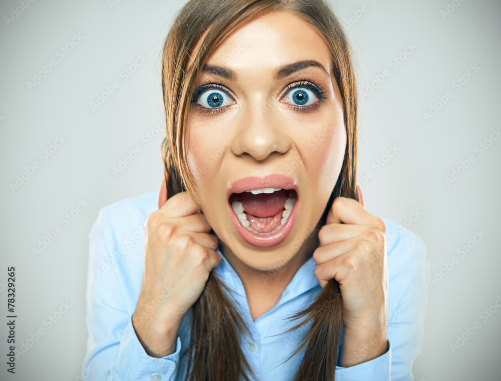 funny face of young business woman . open mouth. teeth. Stock Photo ...