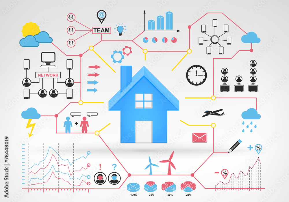 real estate house with blue red infographic icons Stock Vector | Adobe ...