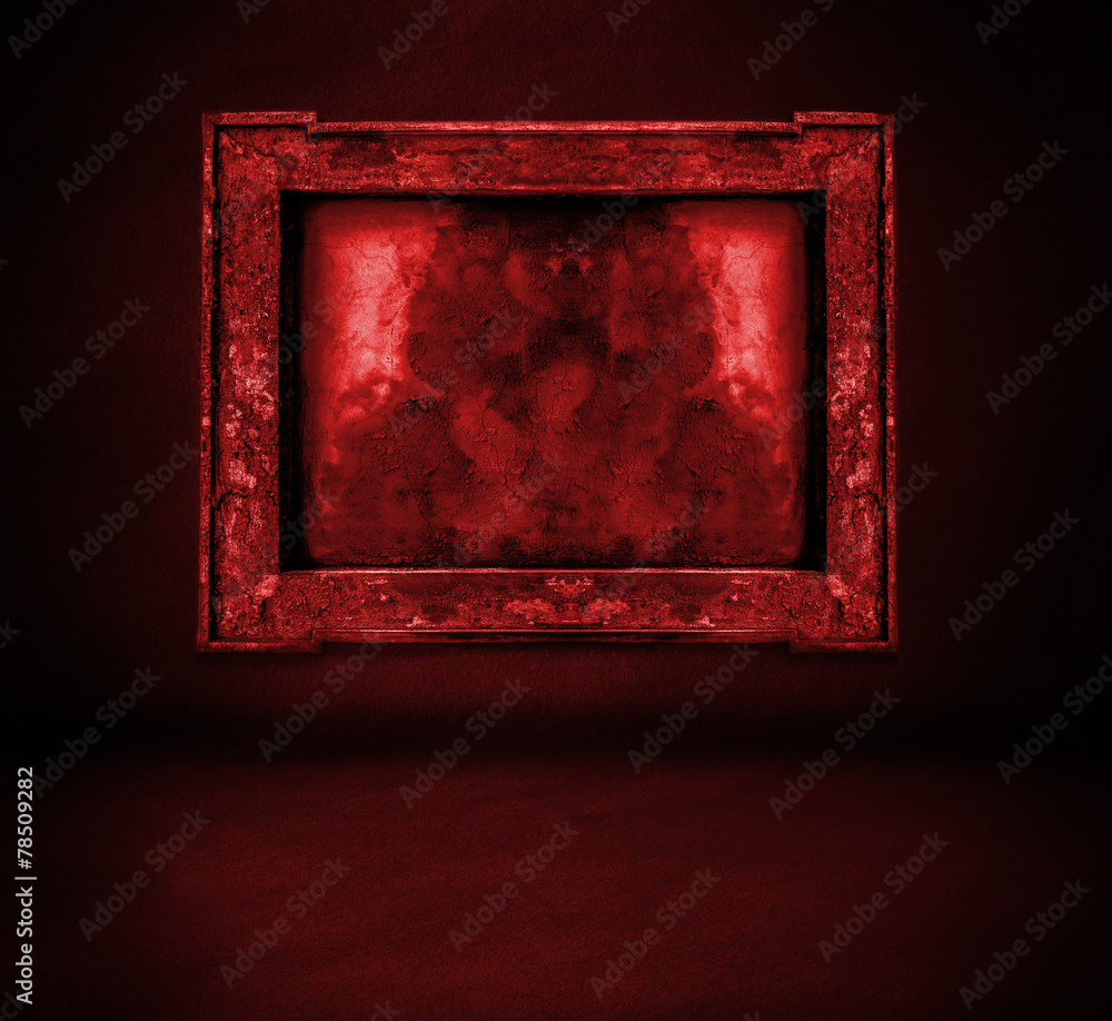 dark red bloody wall with frame and floor interior background Stock ...