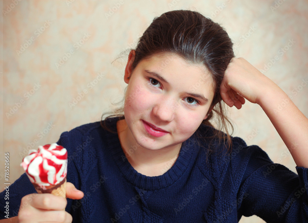 preteen beautiful girl with long dark hair with cone strawberry Stock ...