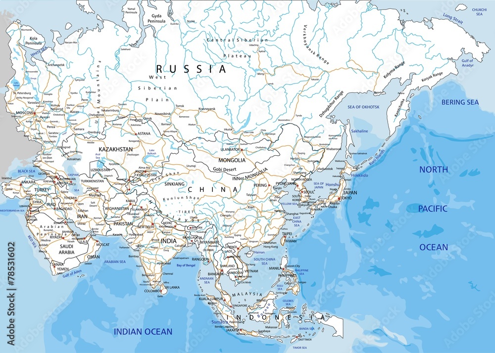 High detailed Asia road map with labeling. Stock Vector | Adobe Stock