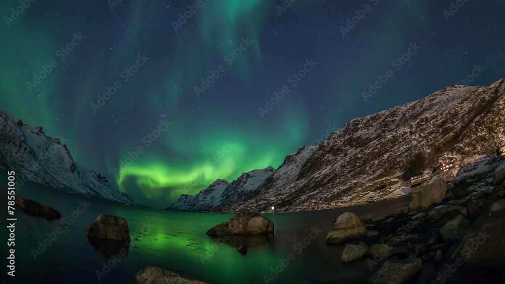 Northern Lights over fjords in Norway coast Stock 비디오 | Adobe Stock