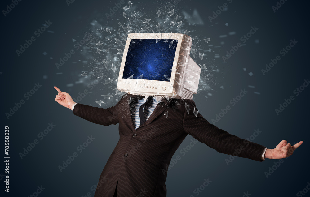 Computer monitor screen exploding on a young persons head Stock Photo ...