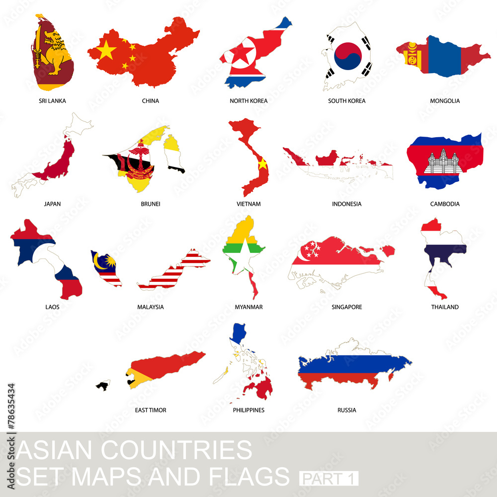 Asian countries set, maps and flags Stock Vector | Adobe Stock