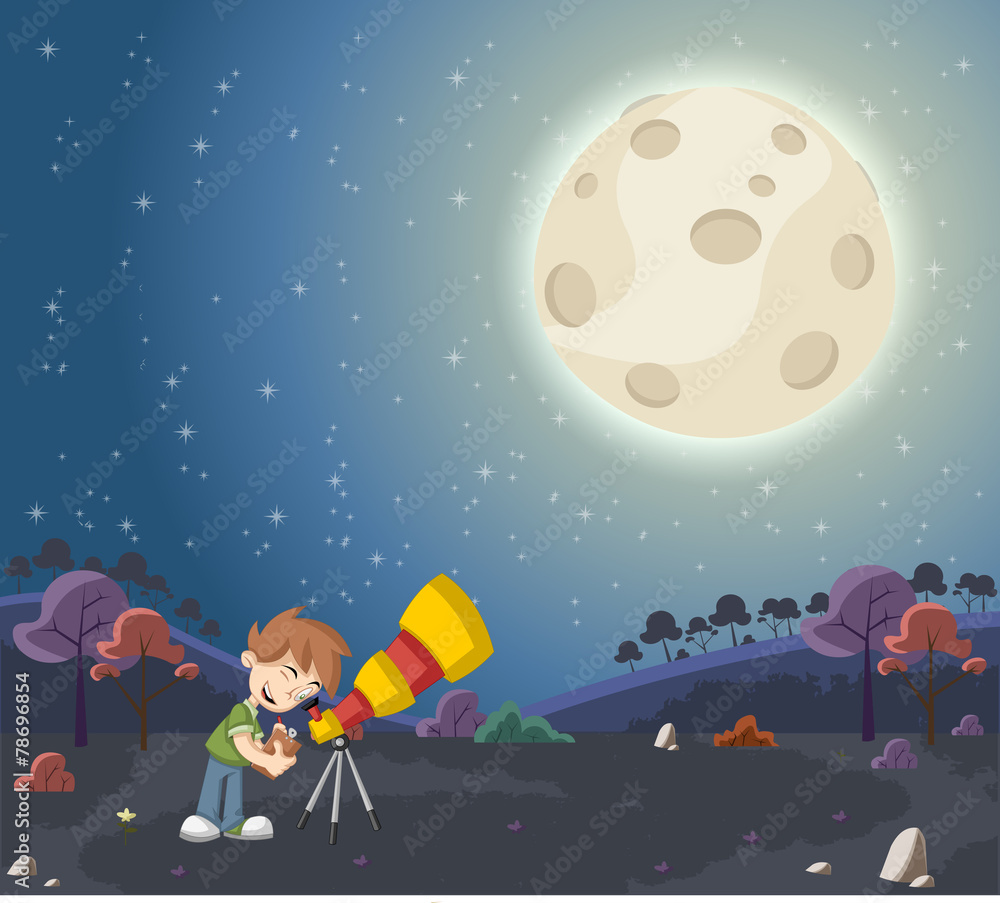 Cartoon boys using a telescope to look at the moon Stock Vector | Adobe ...