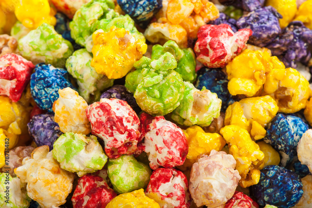 Colorful fruit flavored popcorn background Stock Photo | Adobe Stock