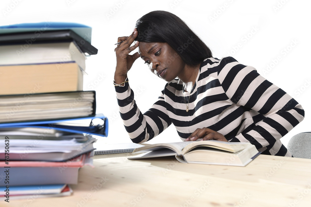 black African American student girl studying in stress Stock Photo ...