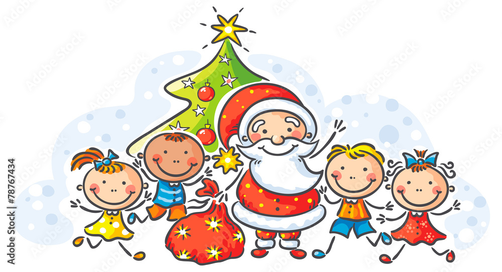 Cartoon Santa with kids Stock Vector | Adobe Stock