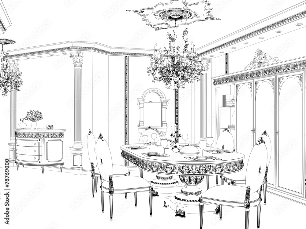 Sketch retro dining area: classic carved chairs and table Stock ...