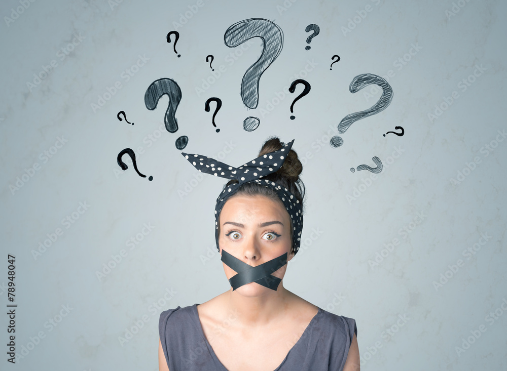 Young woman with glued mouth and question mark symbols Stock Photo ...