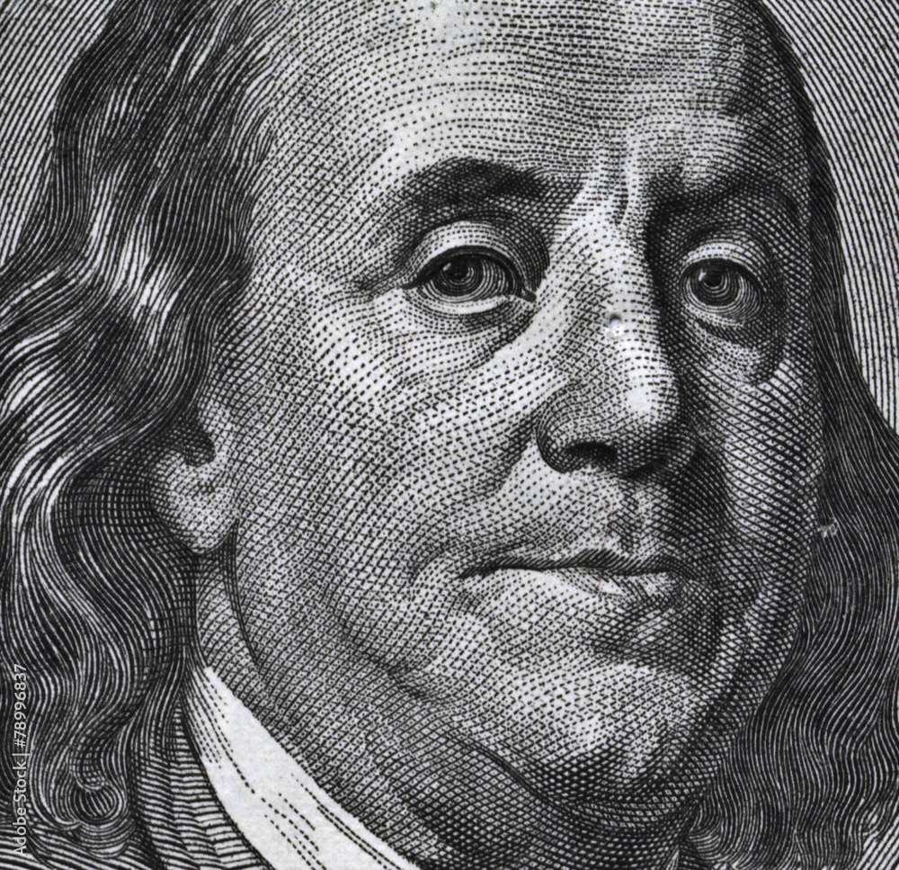 Extreme macro of 100 dollar bill with Benjamin Franklin portrait Stock ...