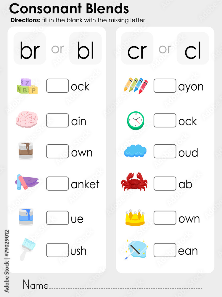 Consonant Blends : missing letter - Worksheet for education Stock ...