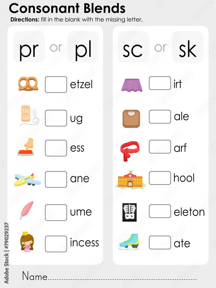 Consonant Blends : missing letter - Worksheet for education Stock ...