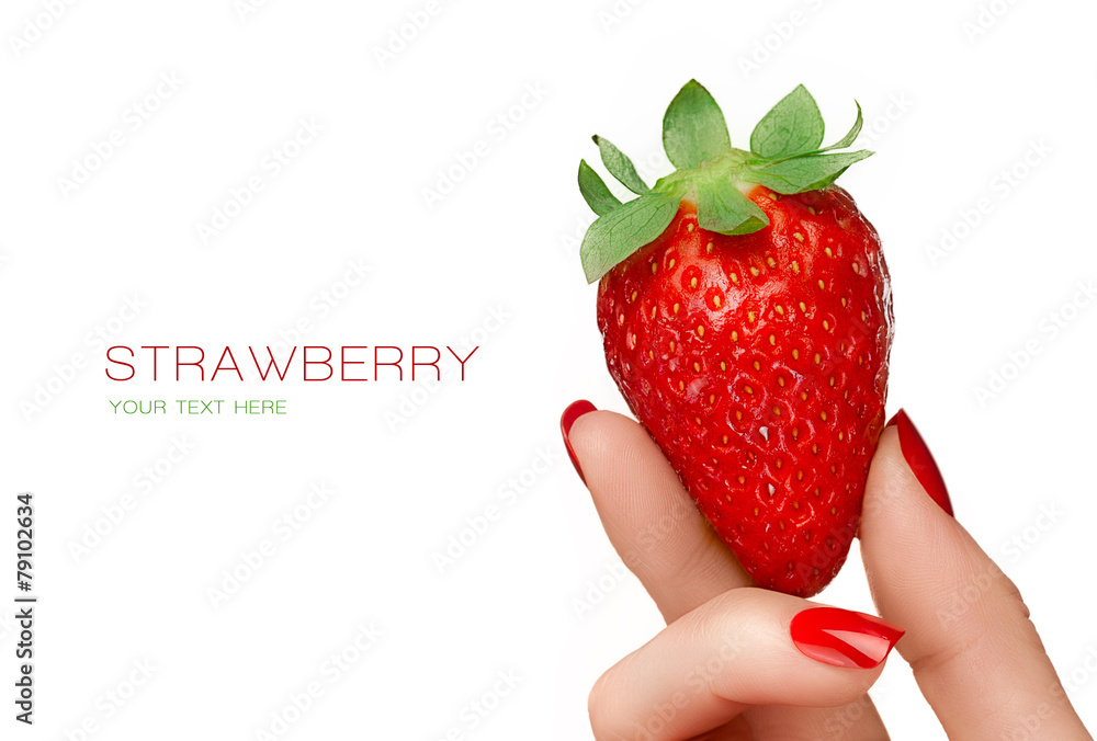 Female Hand Holding a Luscious Ripe Strawberry. Template Design Stock ...