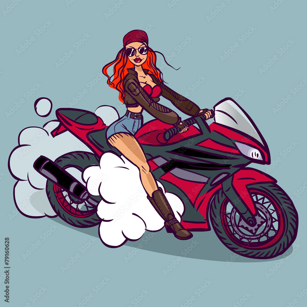 Funny vector cartoon colorfull biker girl in pin-up style isolat Stock ...
