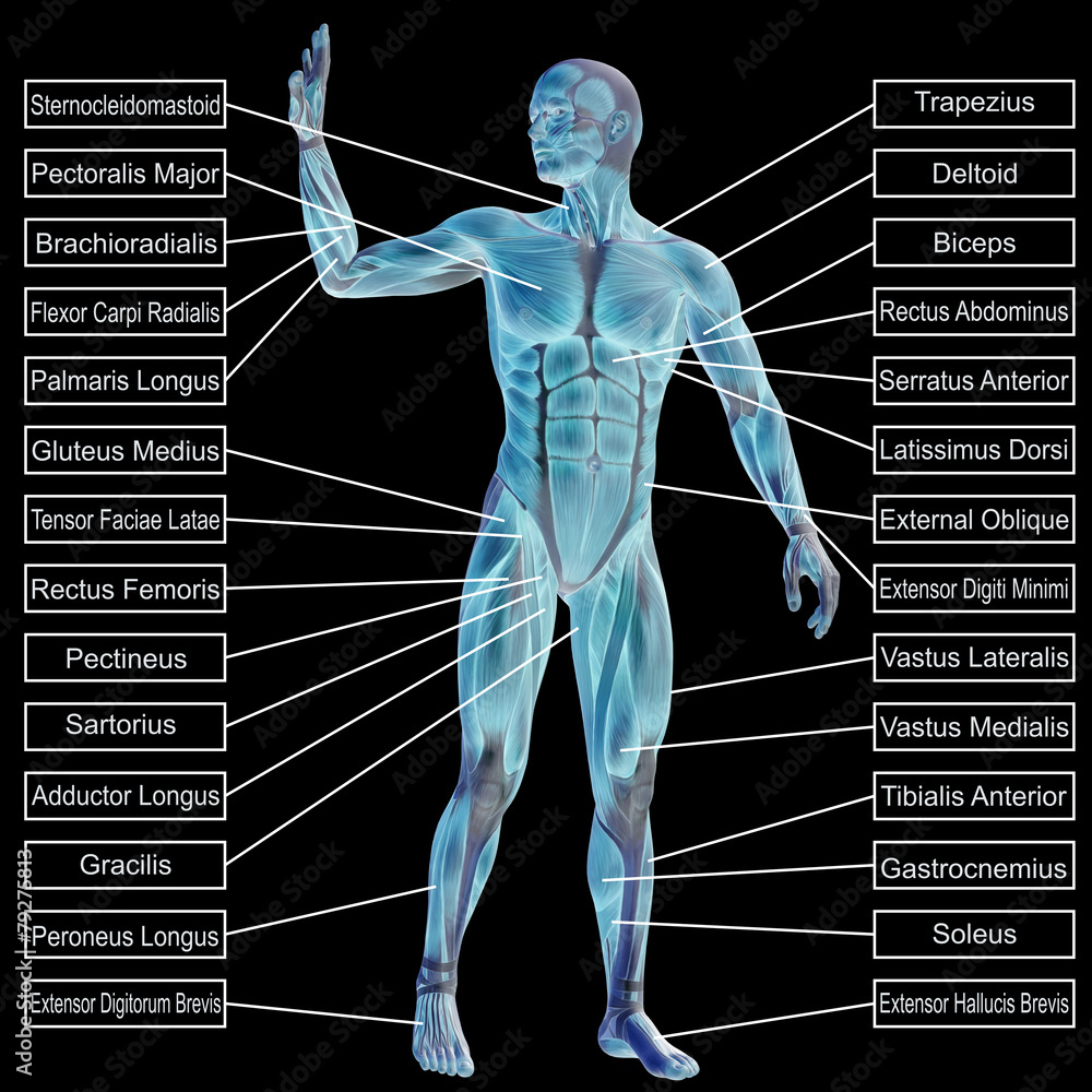 3D human male anatomy with muscles and text Stock Illustration | Adobe ...