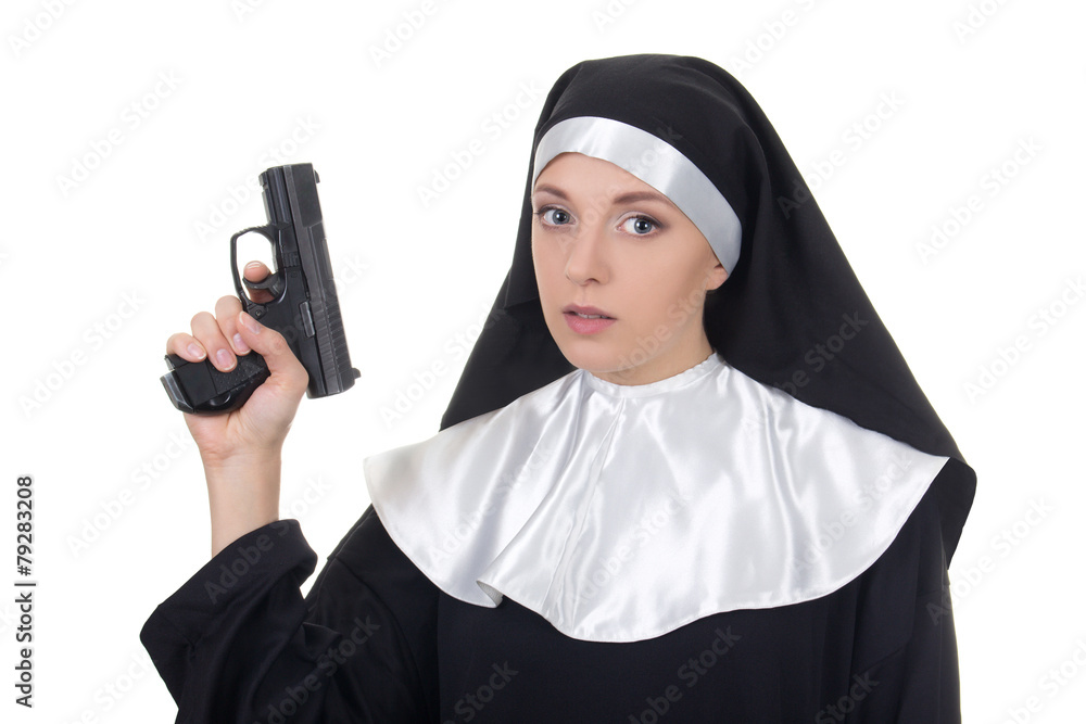 young woman nun with gun isolated on white Stock Photo | Adobe Stock