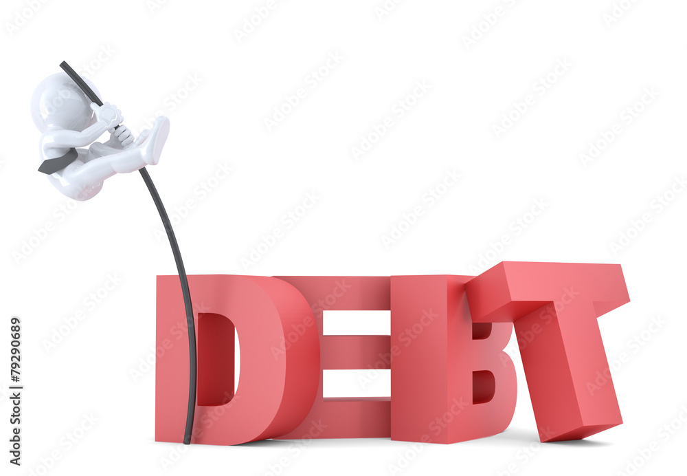 Business men jumping over 'debt' sign using high pole. Isolated ...