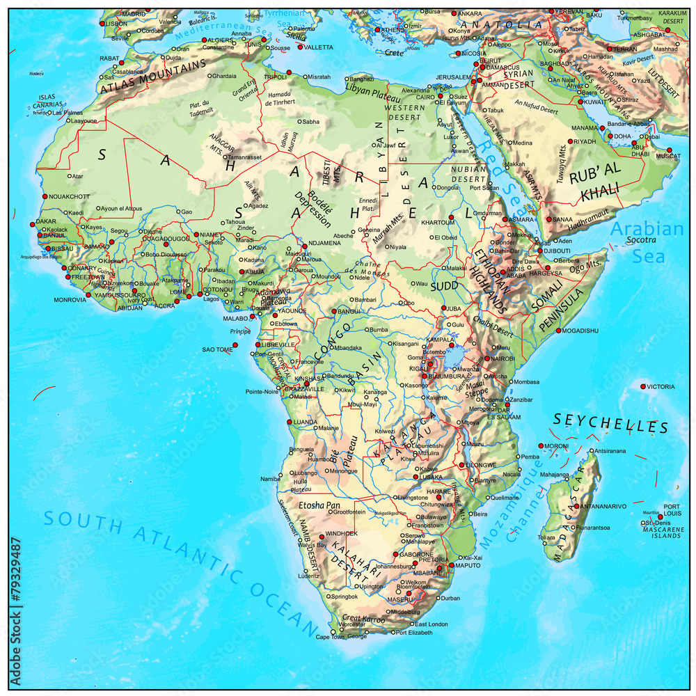 Africa physical continent map Stock Vector | Adobe Stock