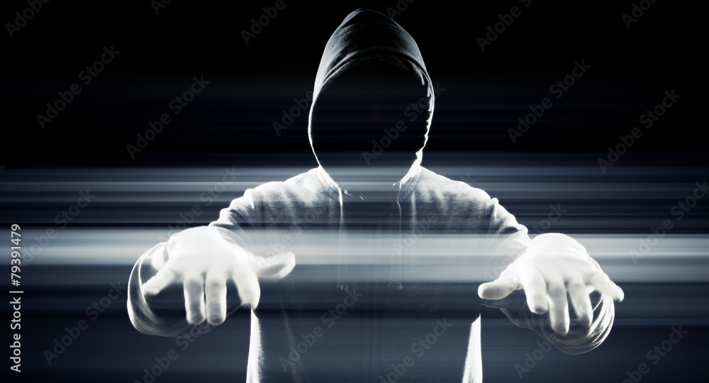 Futuristic hacker in white gloves foto de Stock | Adobe Stock