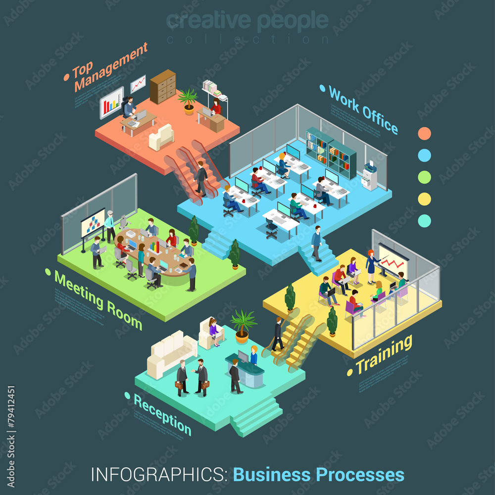 Flat 3d isometric business office floors interior infographics Stock ...